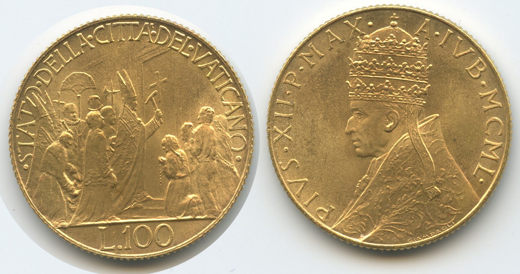 Vatikan 100 Lire Gold 1950 MCML M#5556 - RAR Papst Pius XII. 1939-1958 Opening of the Holy Year ...