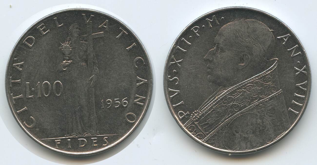 Vatikan Italien-Kirchenstaat 100 Lire 1956-XVIII G1528 - Papst Pius XII. 1939-1958 Vaticano Fast ...