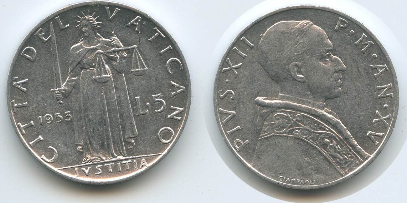 Vatikan Italien-Kirchenstaat 5 Lire 1953-XV G8538 - Papst Pius XII.1939-1958 Vaticano Vorzüglich ...