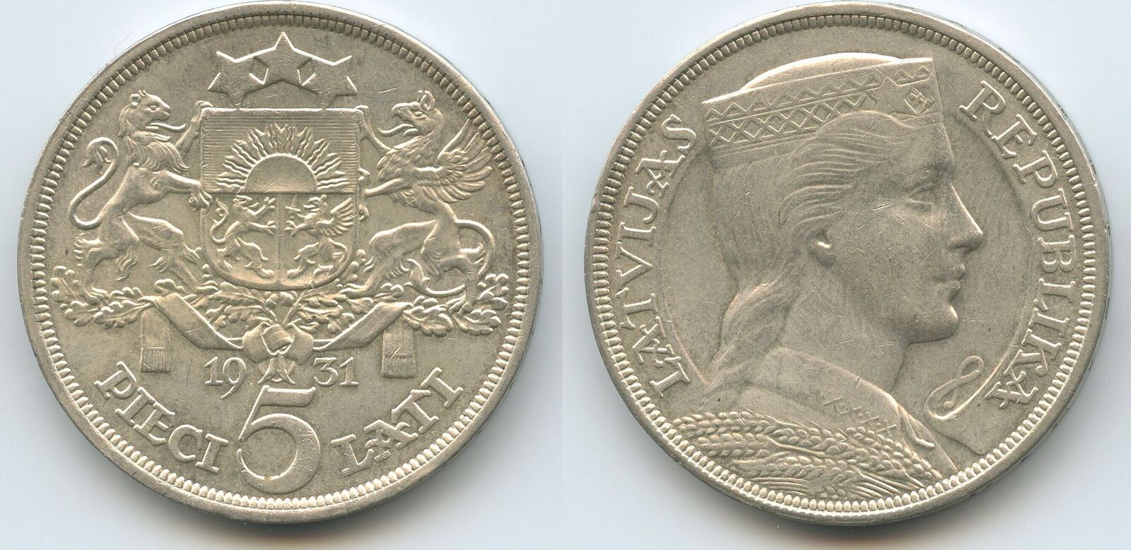 Lettland 5 Lati Silber 1931 M#3294 - Maiden's head Latvija Latvia ...