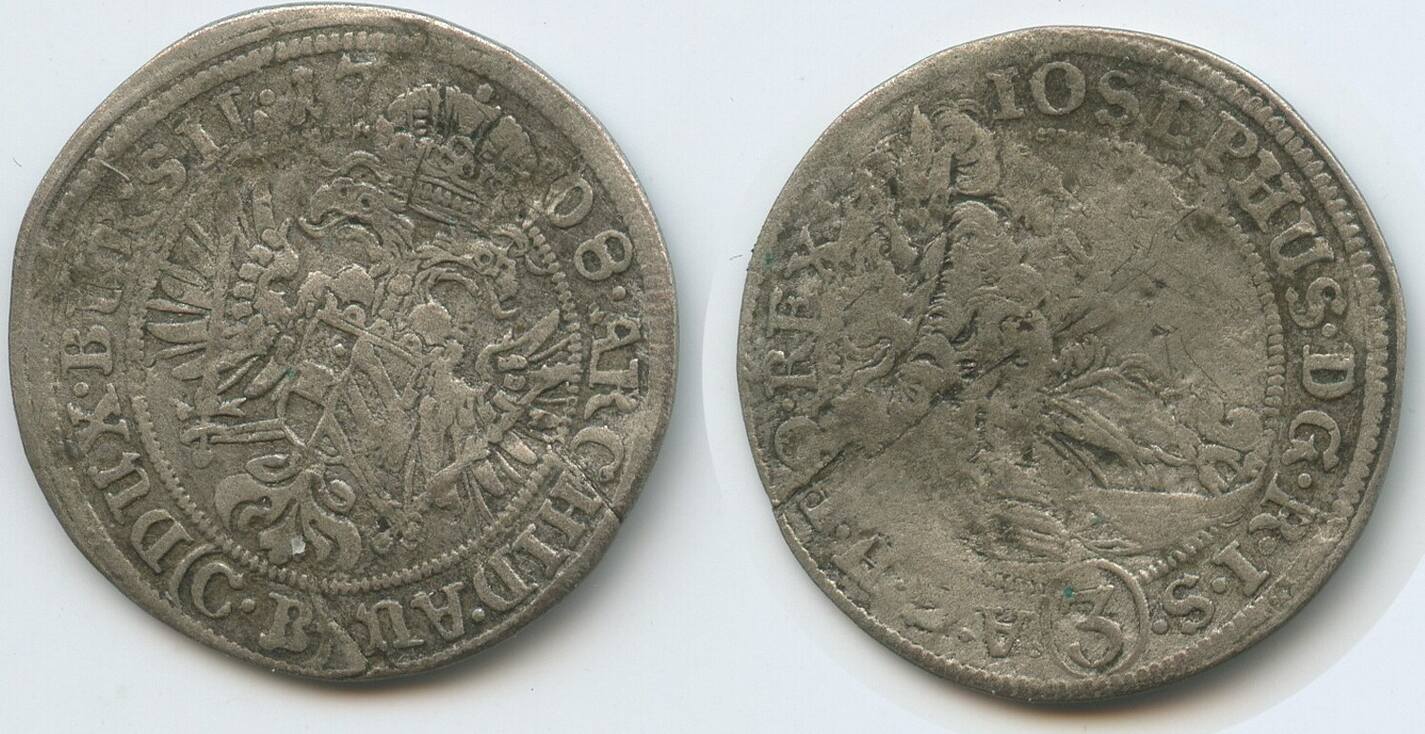 RDR Schlesien Brieg Böhmen 3 Kreuzer (Groschen) Silber 1708 CB G14350 - Joseph I. 1705-1711 ...