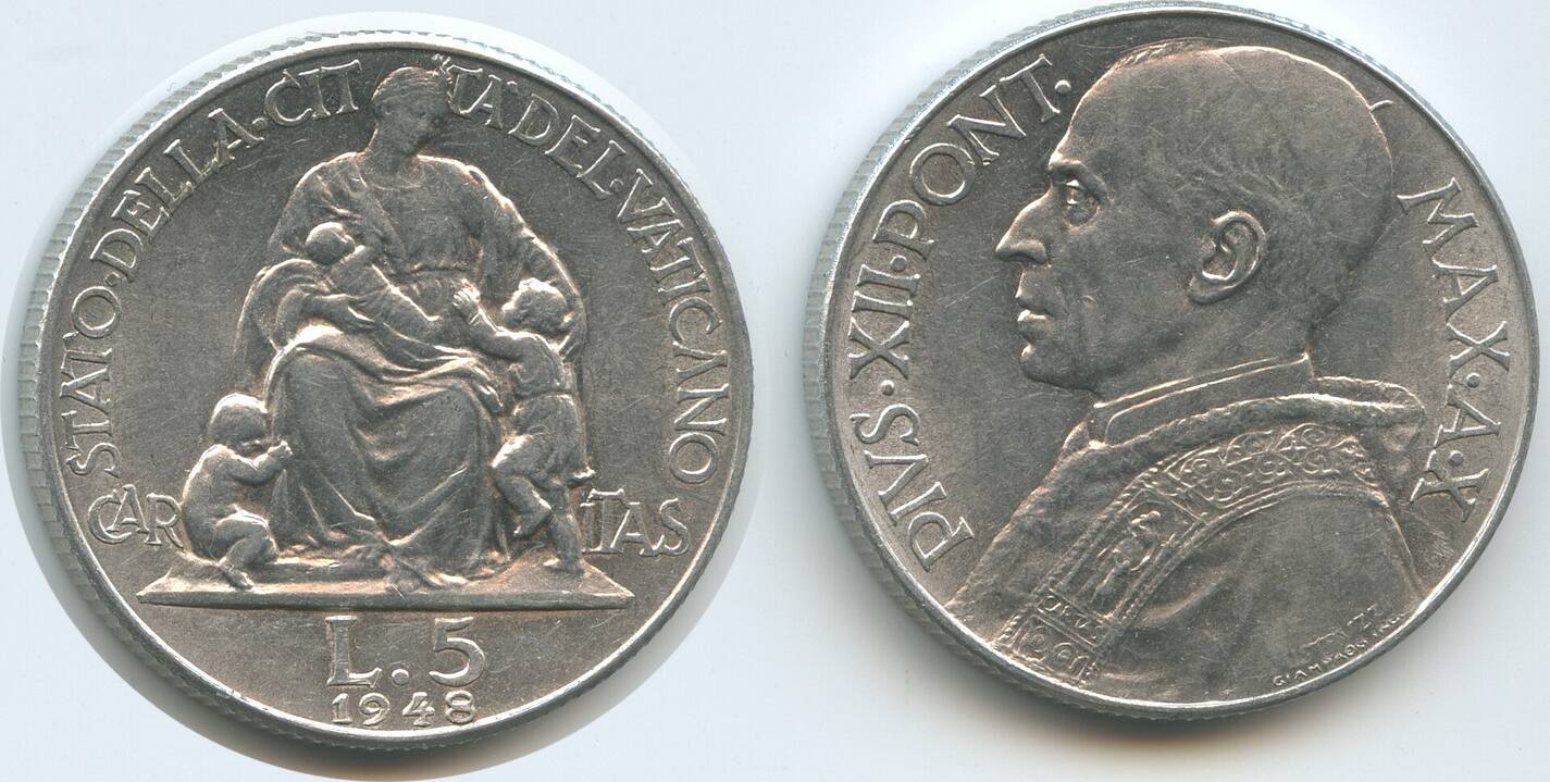 Vatikan Italien-Kirchenstaat 5 Lire 1948-X G8914 - Papst Pius XII.1939-1958 Vaticano Sehr schön ...