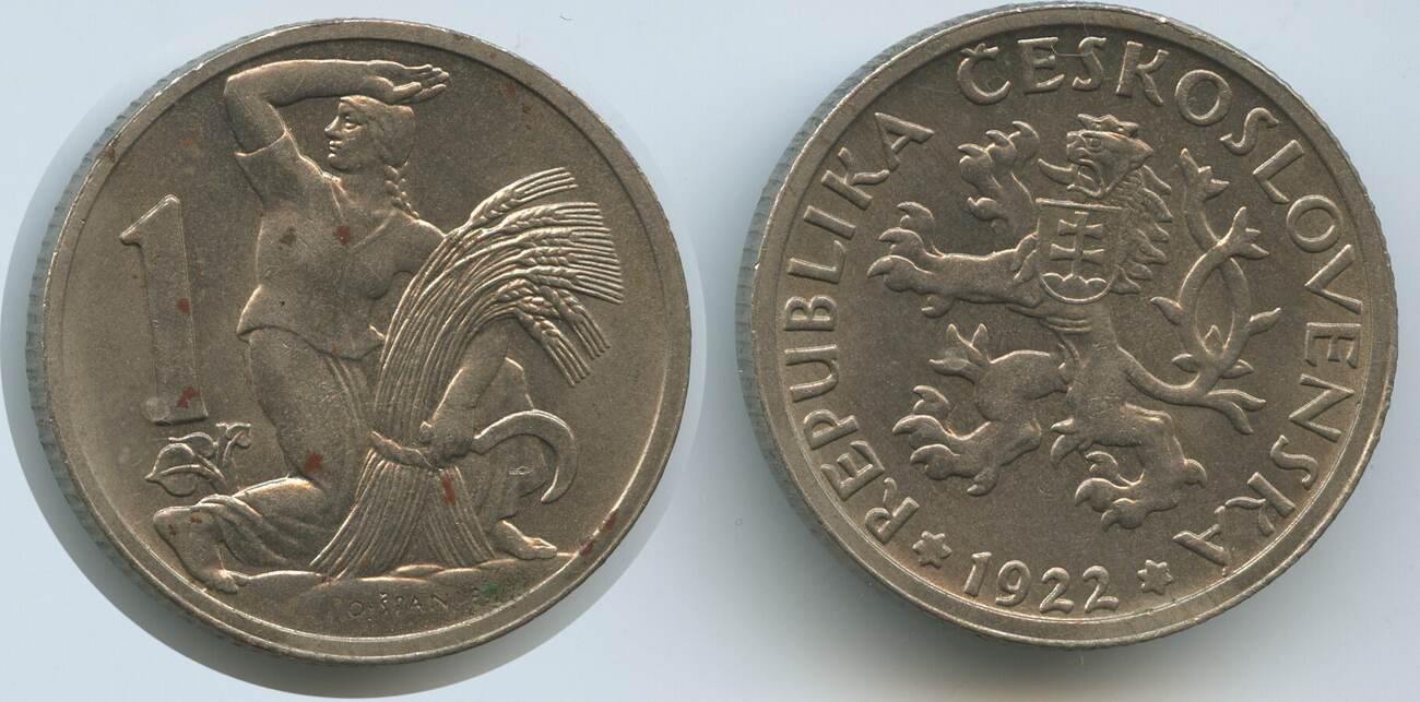 Tschechoslowakei 1 Koruna 1922 G15862 - Czechoslovakia Czechoslovak Republic Vorzüglich, fleckig ...