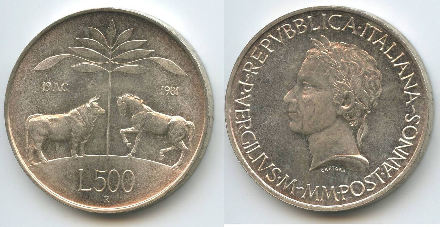 Italien Republik 500 Lire Silber 1981 R Rom M#7612 - 2000th Anniversary of the Death of Virgil ...