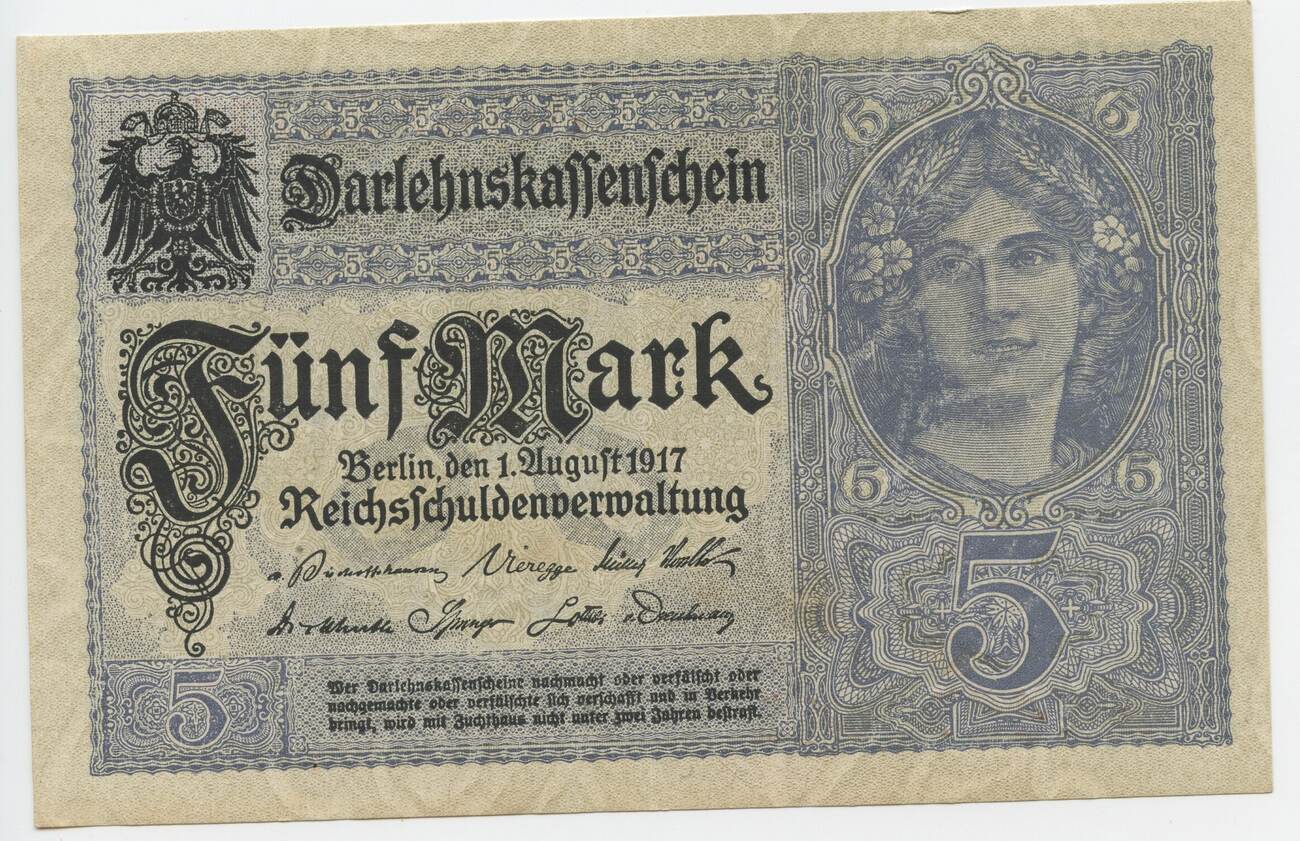 Deutsches Reich Kaiserreich 5 Mark Banknote 1917 GB536 ...