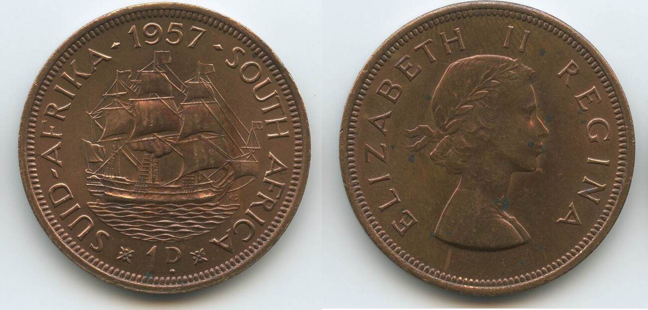 Südafrika 1 Penny 1957 G9514 - Ship Dromedaris - Queen Elizabeth II ...