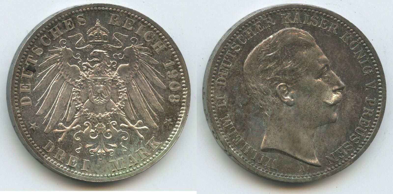 Deutsches Reich Kaiserreich Preussen 3 Mark Silber 1908 A Berlin S0096 - Kaiser Wilhelm II. 1888 ...