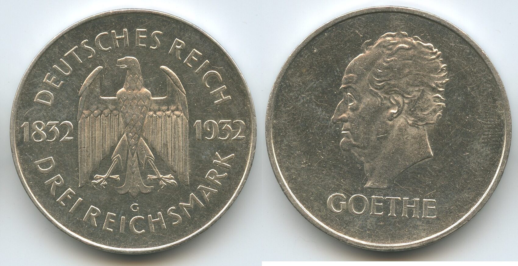Deutsches Reich Weimar 3 Reichsmark Silber 1932 G Karlsruhe S0067 - RAR Johann Wolfgang von ...