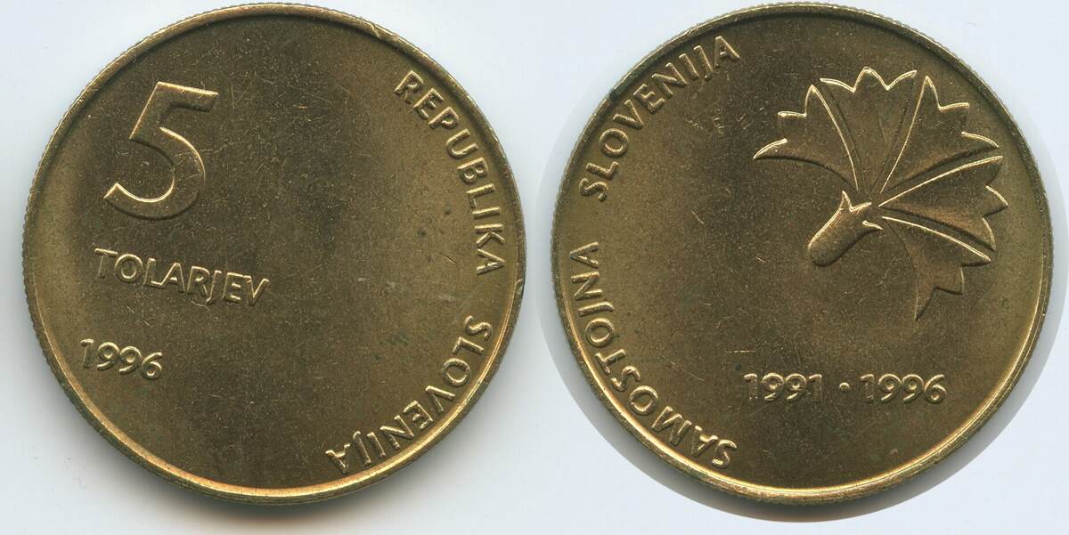 Slowenien 5 Tolarjev 1996 M#6616 - 5th anniversary of Independence Slovenia Fast unzirkuiert ...