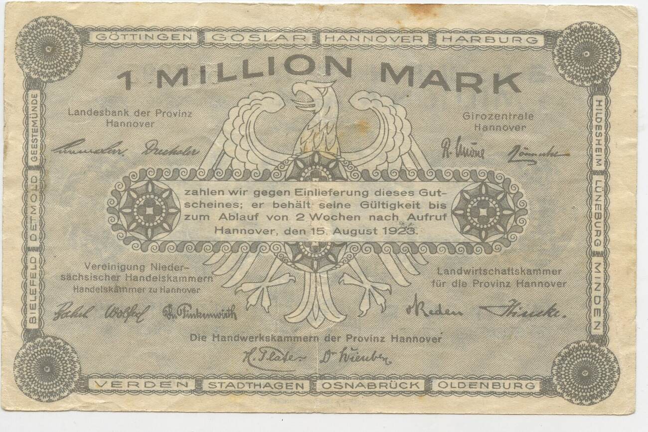 Deutsches Reich Weimar 1 Million Mark Banknote Inflation 1923 GB644 ...