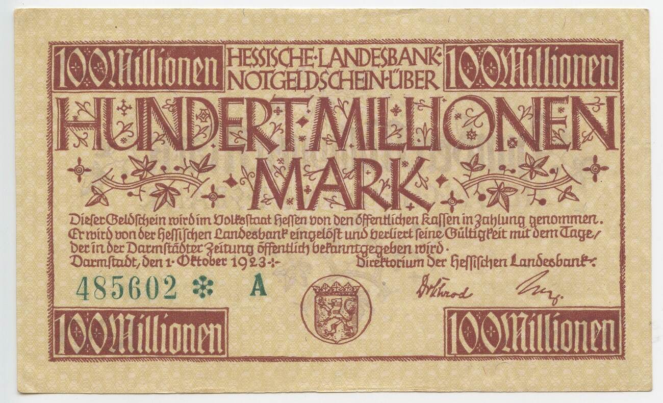 Deutsches Reich Weimar 100 Millionen Mark Banknote Inflation 1923 GB753 ...
