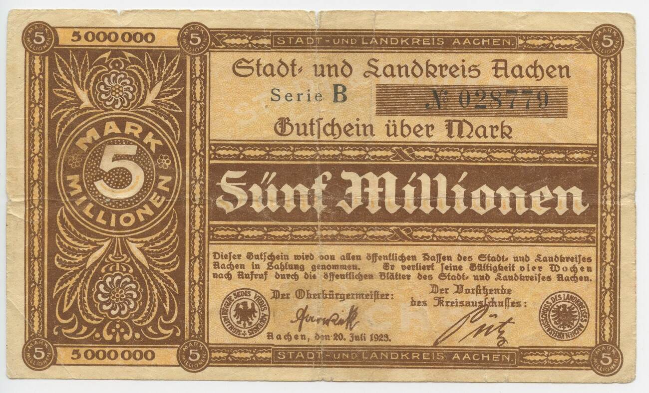 Deutsches Reich Weimar 5 Million Mark Gutschein Banknote Inflation 1923 ...