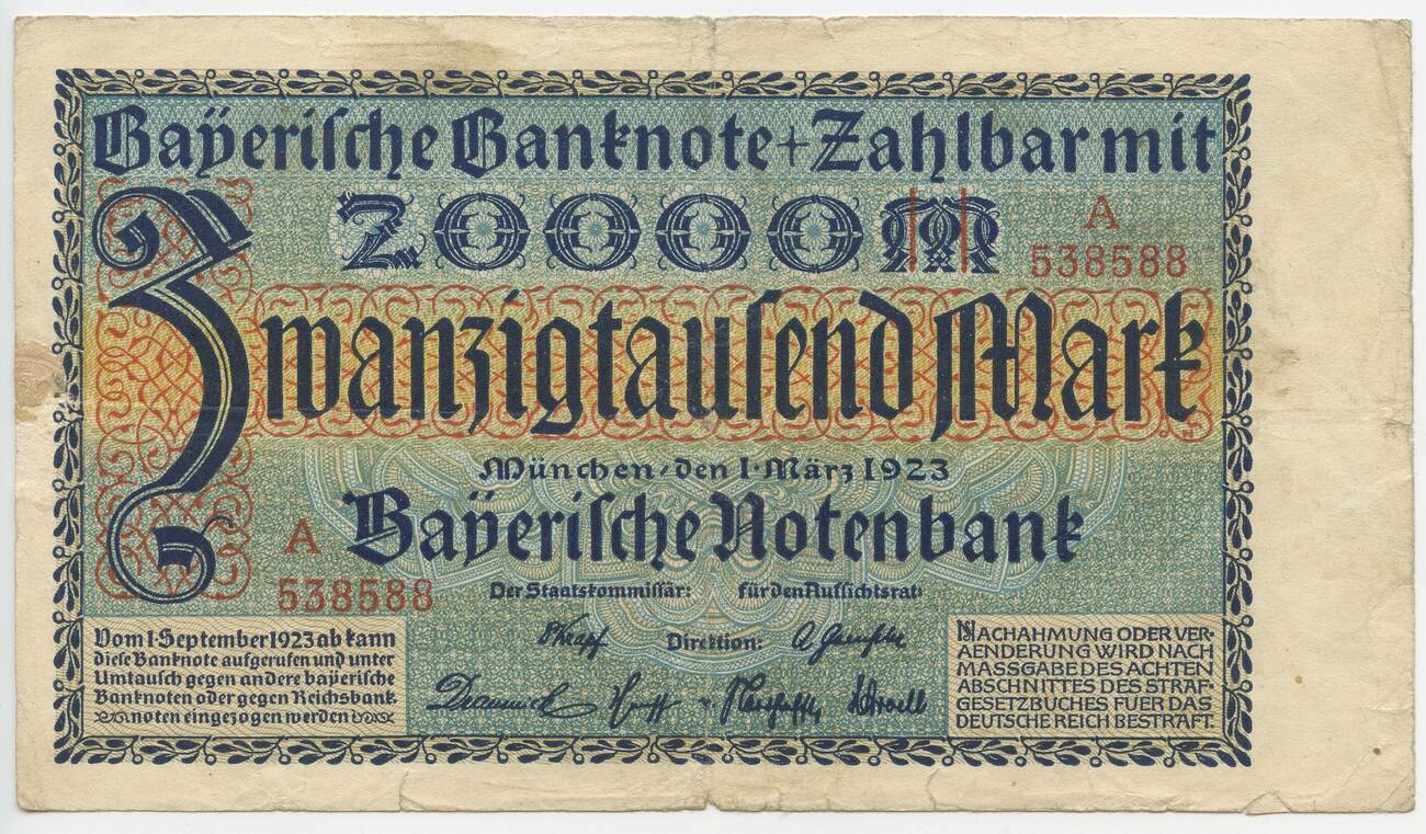 Deutsches Reich Weimar Bayern Zwanzigtausend Mark Banknote Inflation ...