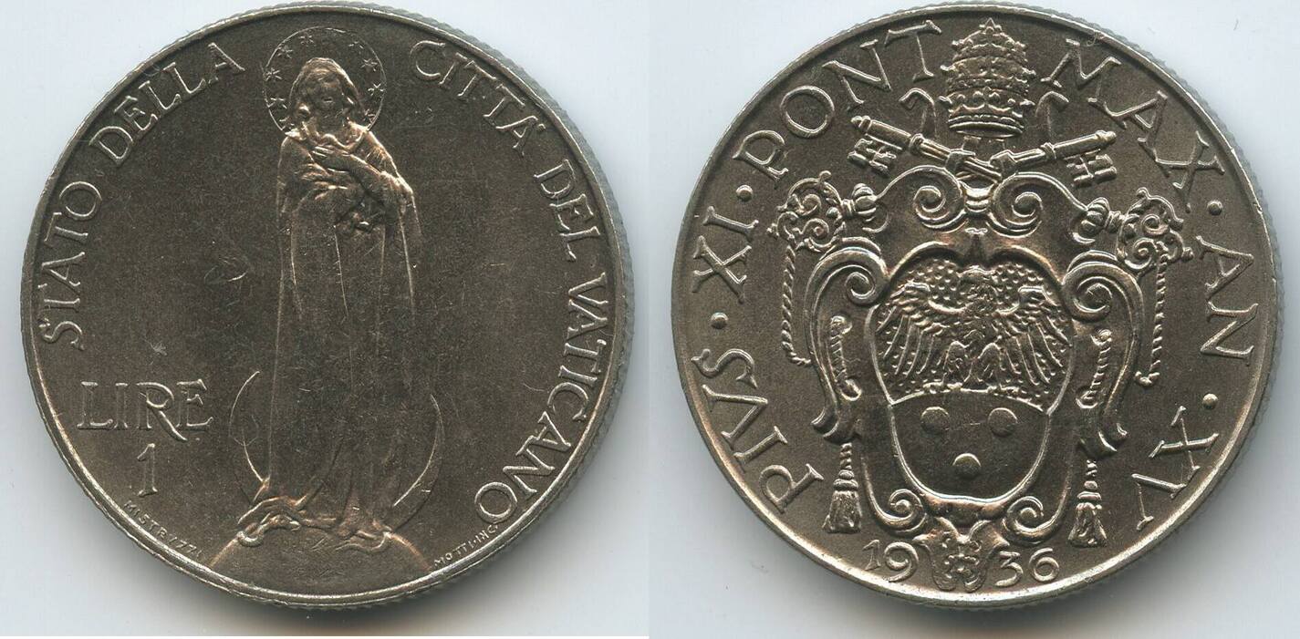 Vatikan Italien-Kirchenstaat 1 Lira 1936-XV G8548 - Papst Pius XI. 1922-1939 Vatican City Fast ...