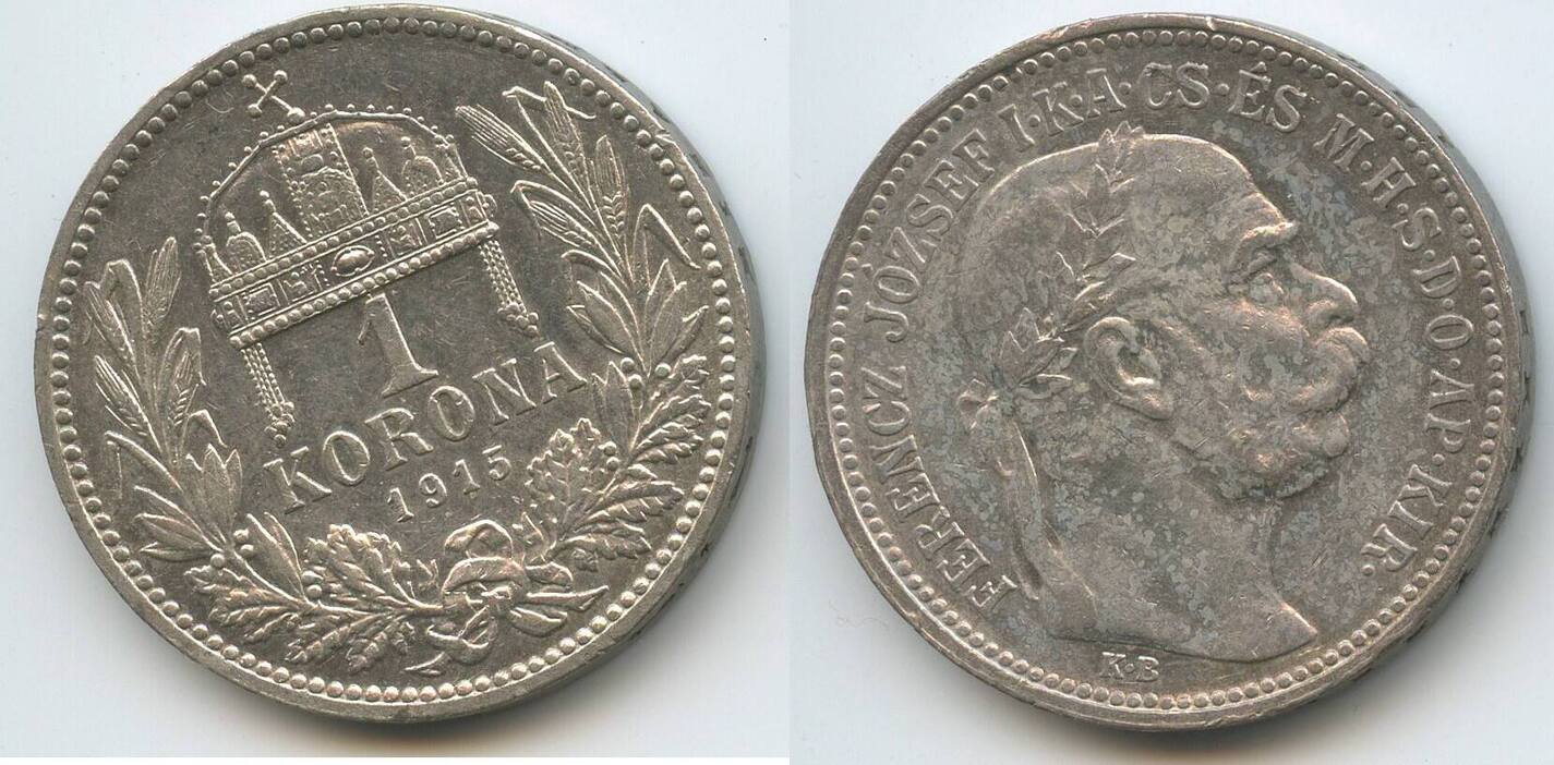 Ungarn Kaiserreich 1 Korona (Krone) Silber 1915 KB Kremnitz G5807 - Kaiser Franz Joseph I. 1848 ...