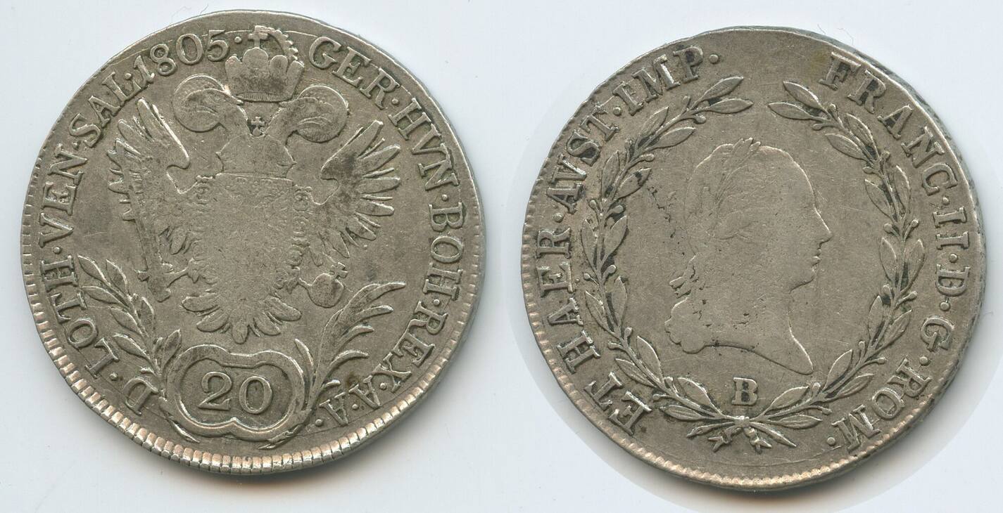 RDR Österreich Ungarn 20 Kreuzer Silber 1805 B Kremnitz M#6635 - Franz II. 1792-1835 Austria ...