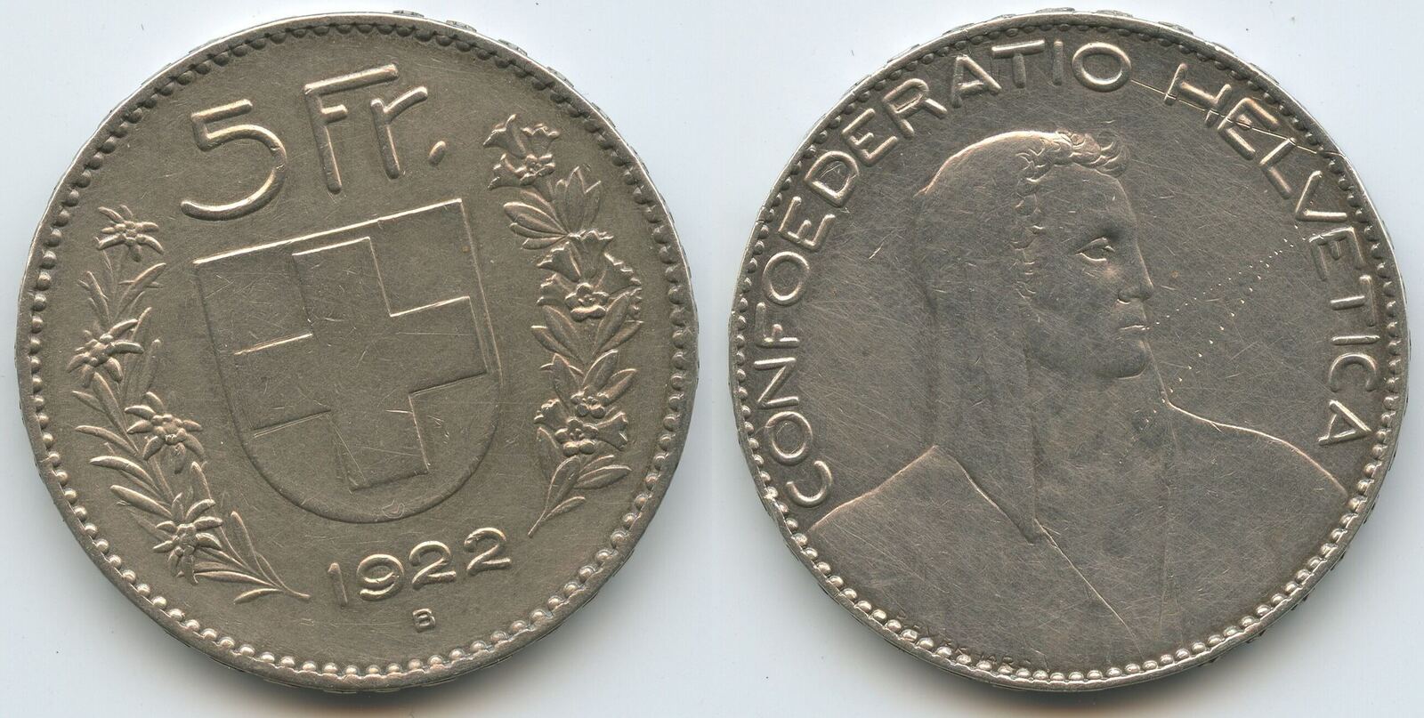 Schweiz Eidgenossenschaft 5 Franken Silber (5 Francs) 1922 B Bern M#2094 - Alphirt Confédération ...