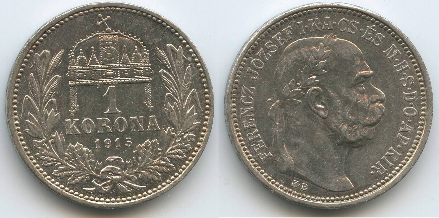 Ungarn Kaiserreich 1 Korona (Krone) Silber 1915 KB Kremnitz G5781 - Kaiser Franz Joseph I. 1848 ...