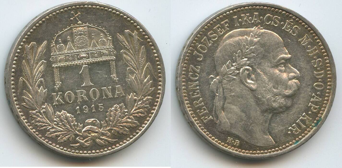 Ungarn Kaiserreich 1 Korona (Krone) Silber 1915 KB Kremnitz G5789 - Kaiser Franz Joseph I. 1848 ...