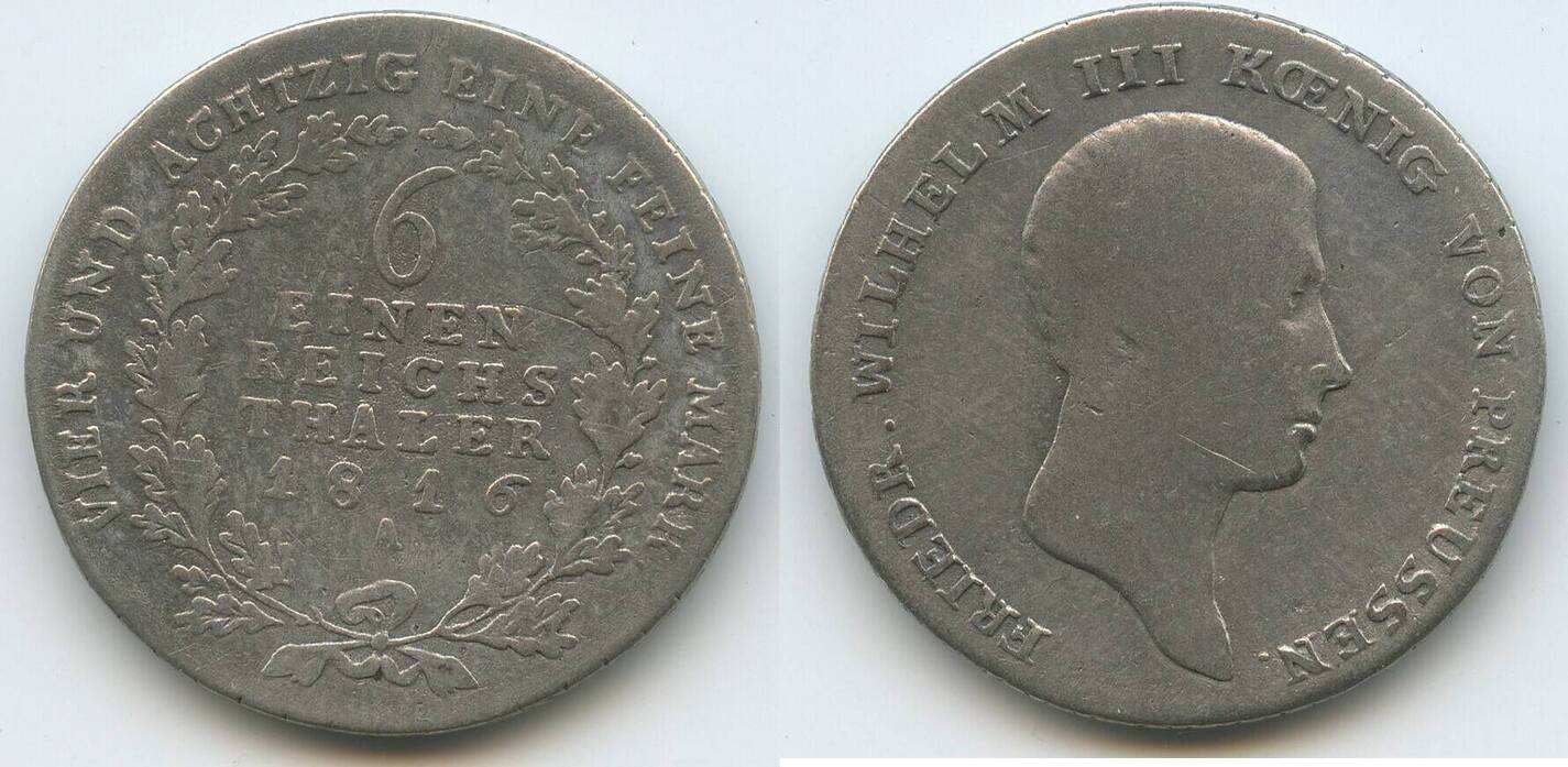 Brandenburg-Preußen 1/6 Taler Silber (⅙ Reichsthaler) 1816 A Berlin M ...