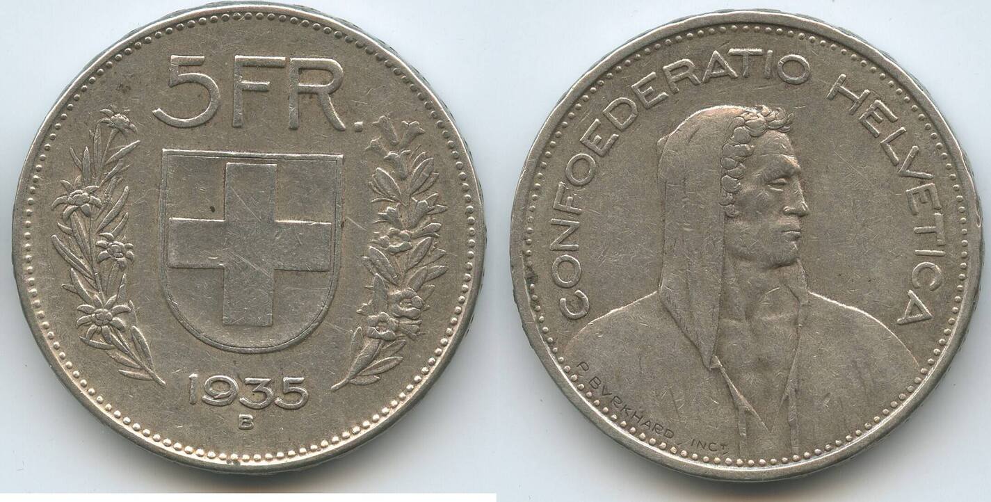 Schweiz Eidgenossenschaft 5 Franken Silber (5 Francs) 1935 B Bern H0167 - Alphirte Herdsman ...
