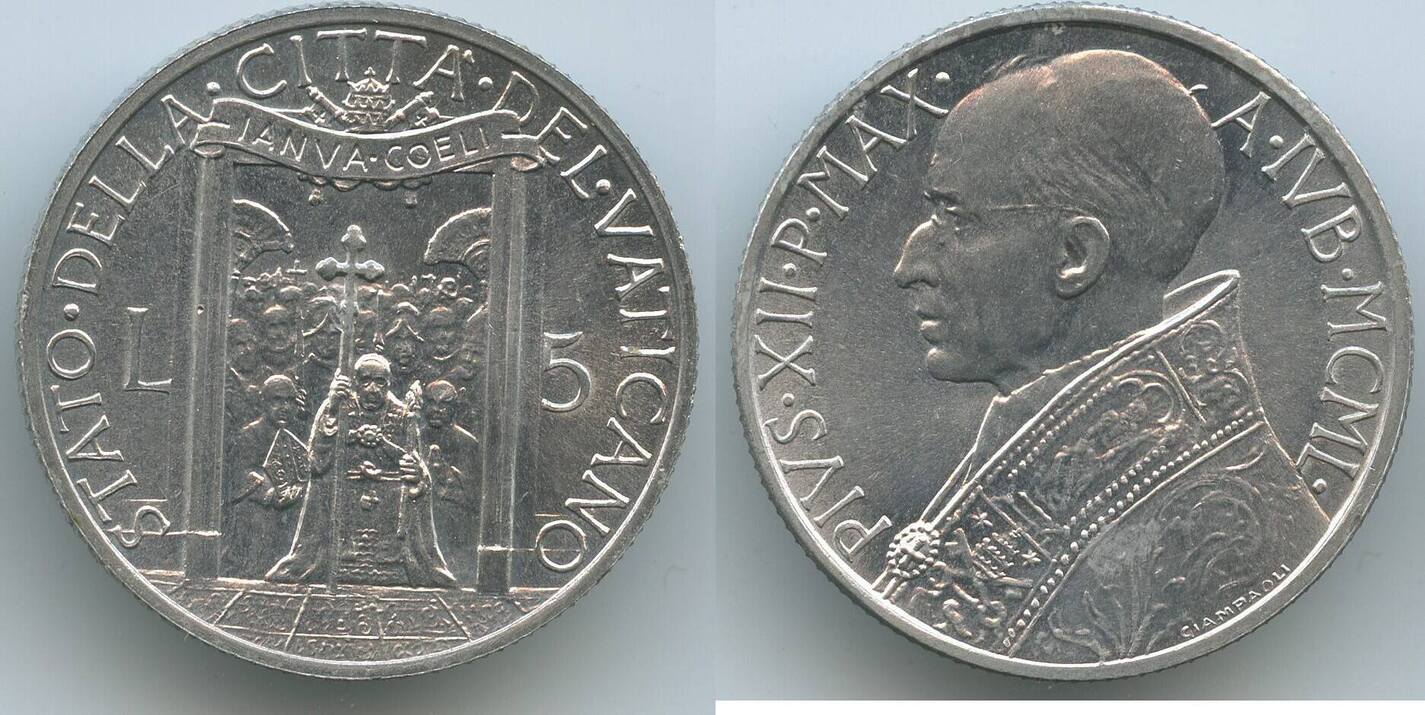 Vatikan Italien-Kirchenstaat Vatican 5 Lire 1950 MCML G1746 - Holy Year - Papst Pius XII. 1939 ...