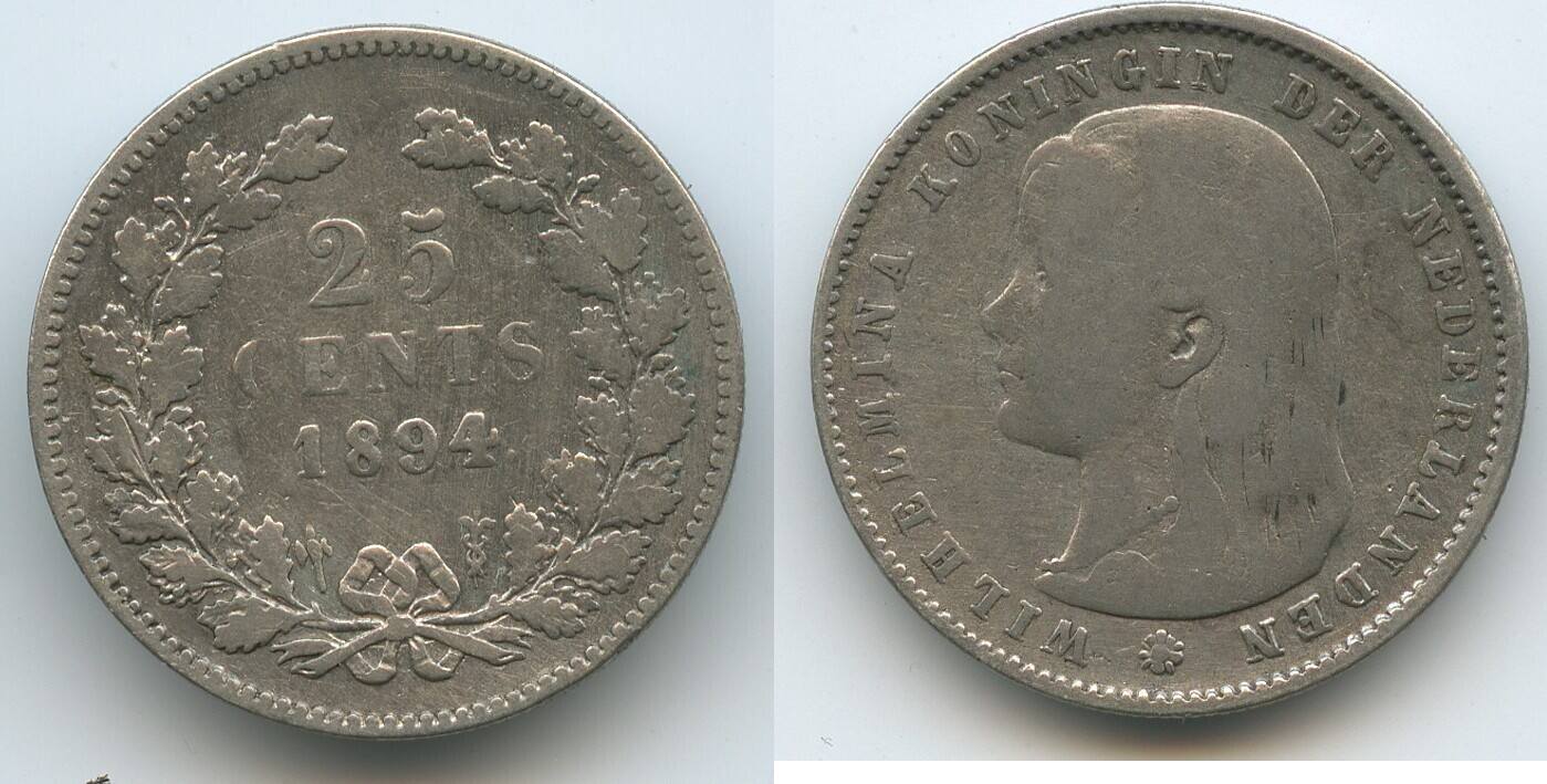 Niederlande Königreich 25 Cents Silber 1894 G14532 - Wilhelmina I. 1890 ...