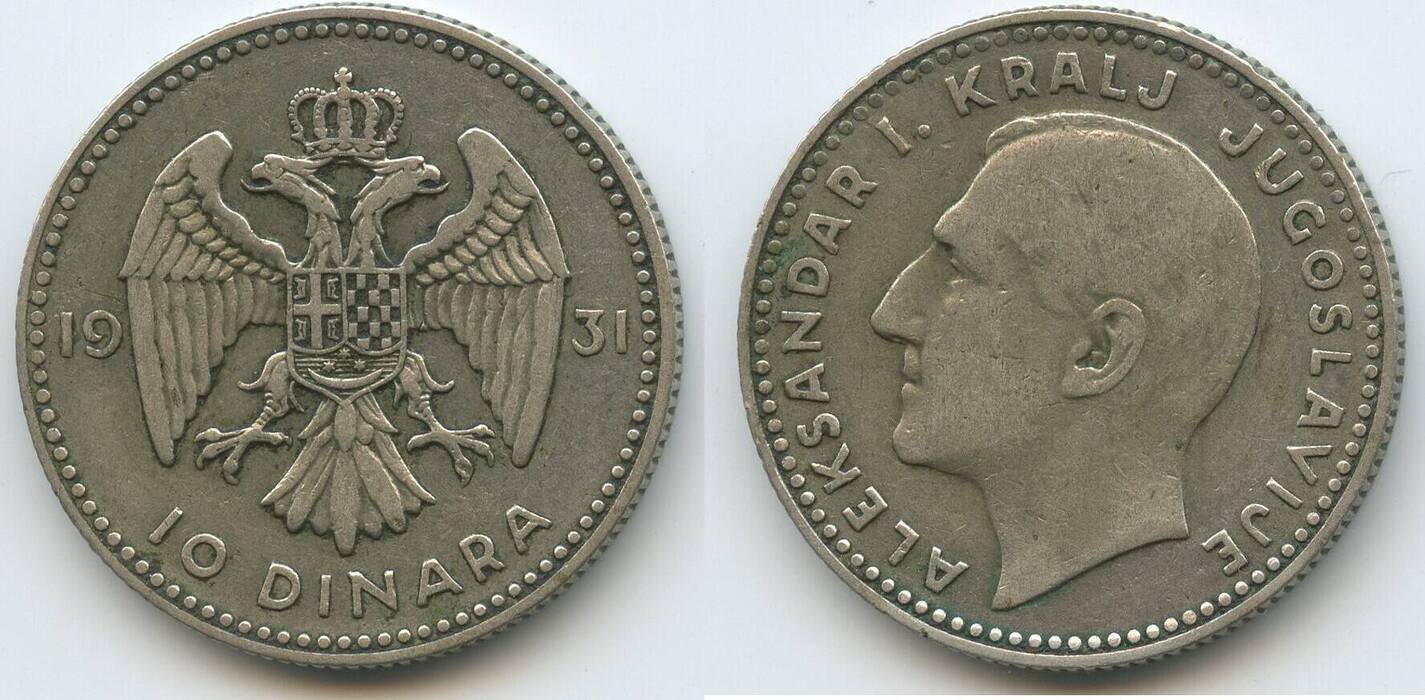 Jugoslawien Königreich 10 Dinara Silber 1931 M#3018 - Alexander I. 1921-1934 Kingdom of ...