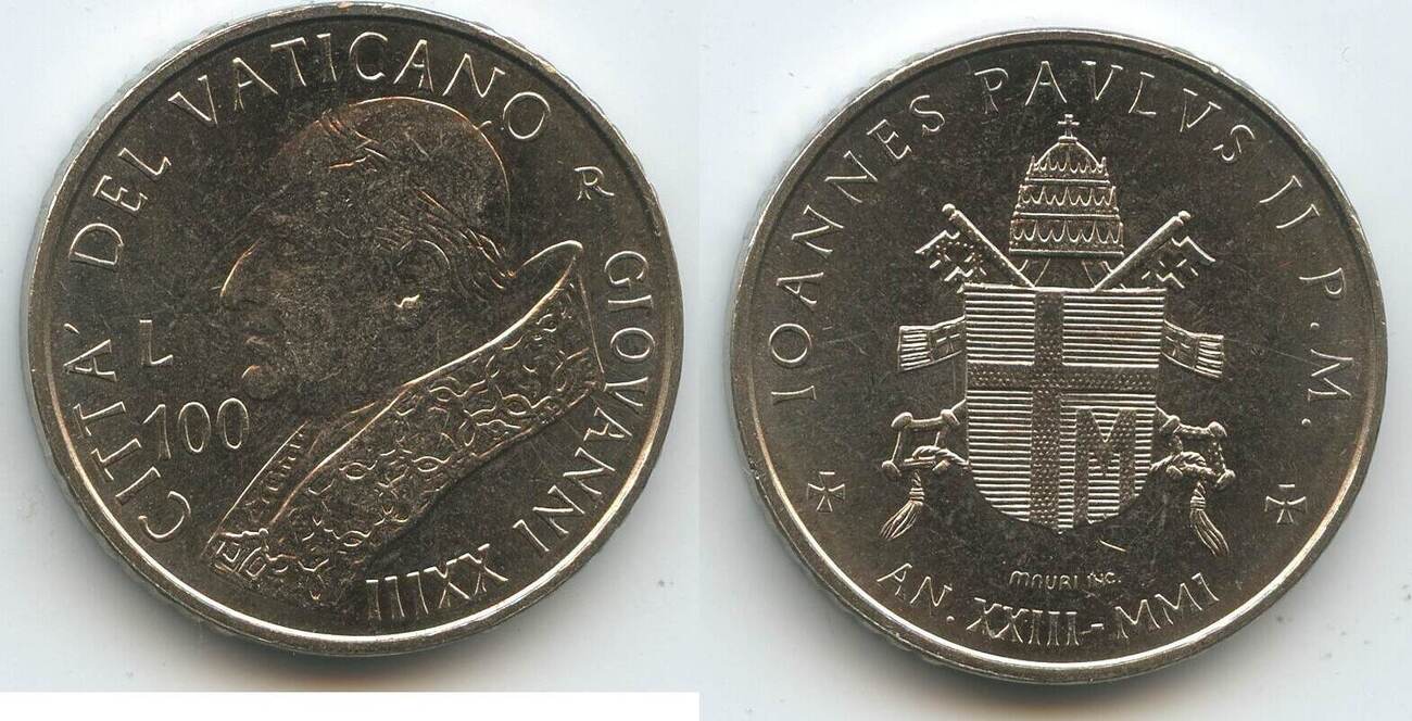 Vatikan Italien-Kirchenstaat 100 Lire 2001-XXIII G1625 - Lira Through the Coins of the Popes ...