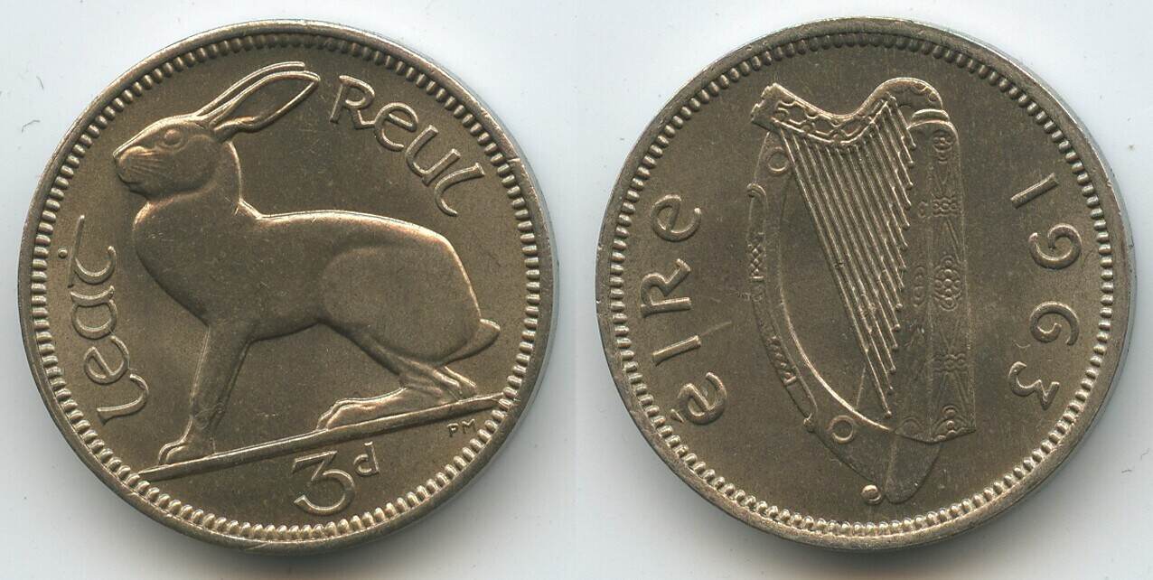 Irland Republik 3 Pingin / ½ Reul (3 Pence) 1963 G7785 - Hase Hare ...