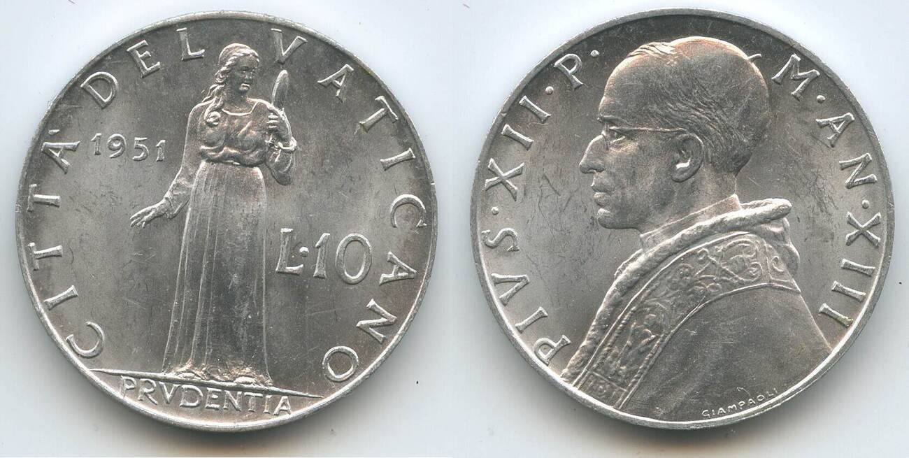 Vatikan 10 Lire 1951-XIII G1612 - Pius XII. 1938-1958 Vatican City Vorzüglich - Unzirkuliert ...