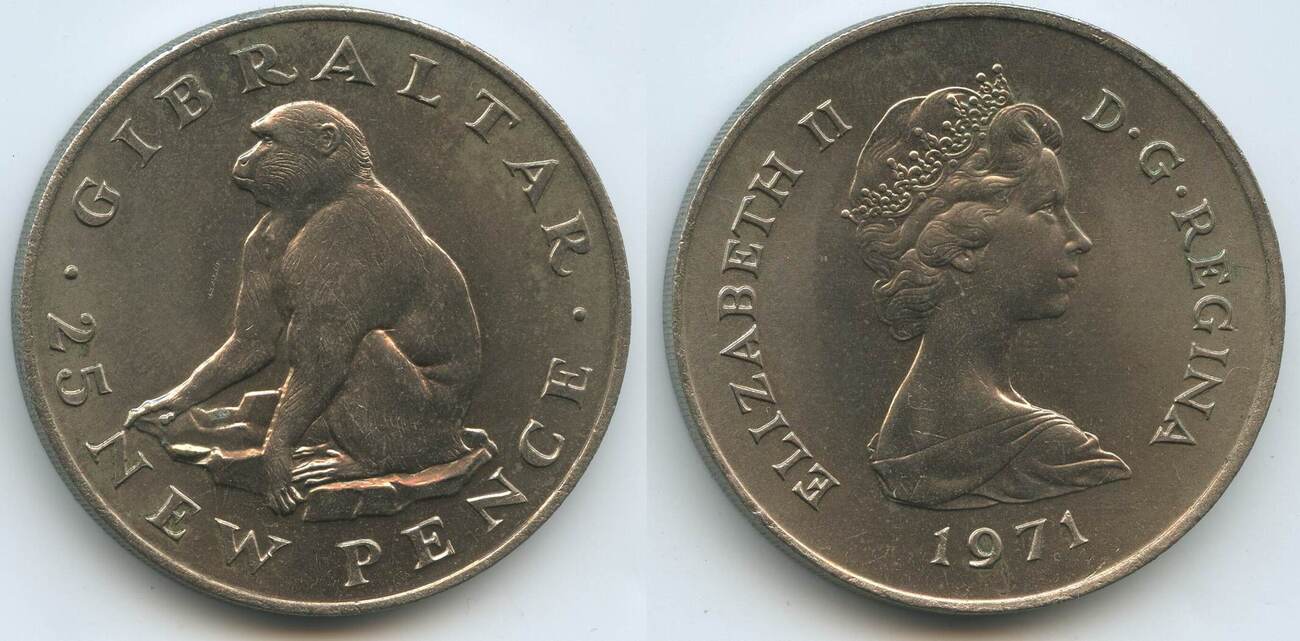 Gibraltar 25 New Pence 1971 G0695 - Barbery Ape Affe - Queen Elizabeth ...