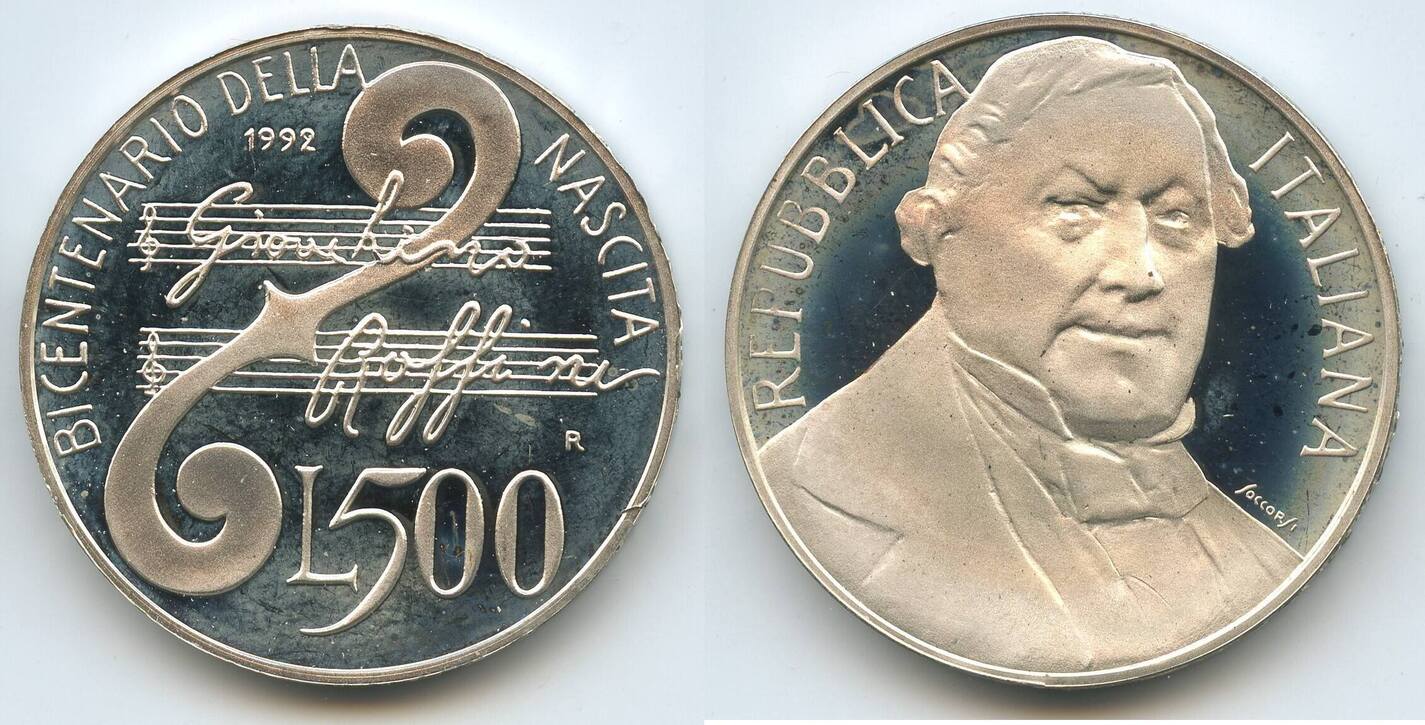 Italien Republik 500 Lire Silber 1992 R Rom G1713 - 200th Anniversary of the Birth of Gioacchino ...