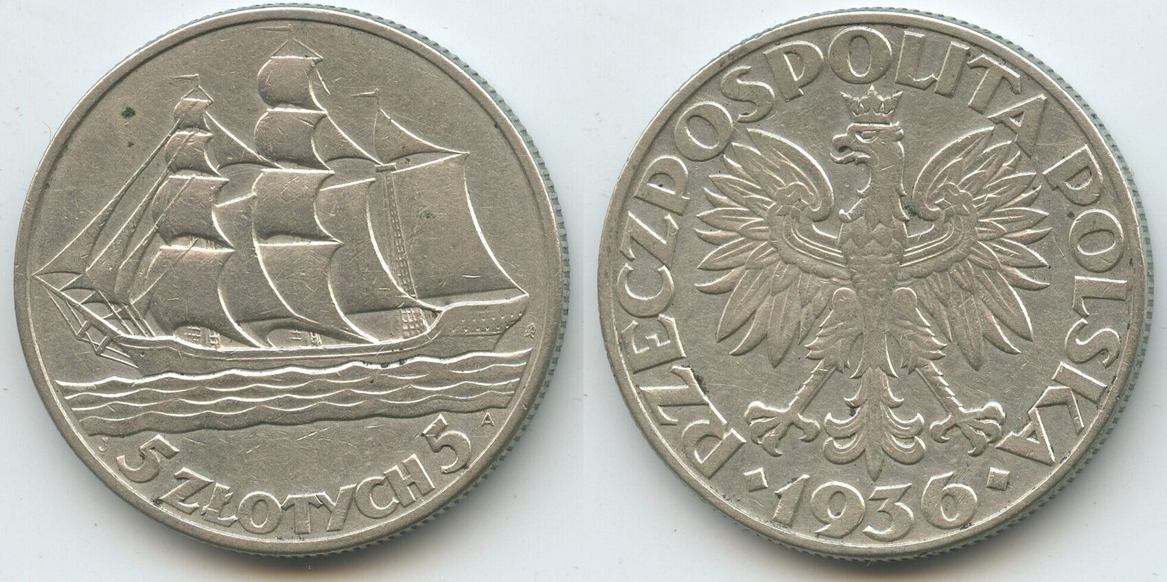 Polen 5 Złotych (5 Zloty) Silber 1936 M#3232 - Segelschiff Gdynia Seaport Poland Polskich Polska ...