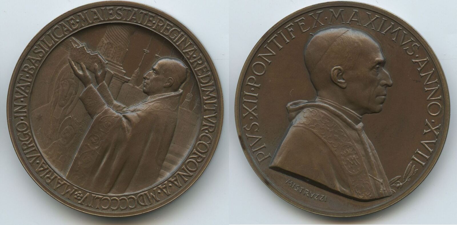 Vatikan Italien-Kirchenstaat Rom Roma Große Bronzemedaille - Papst Pius XII. 1939-1958 1955 XVII ...