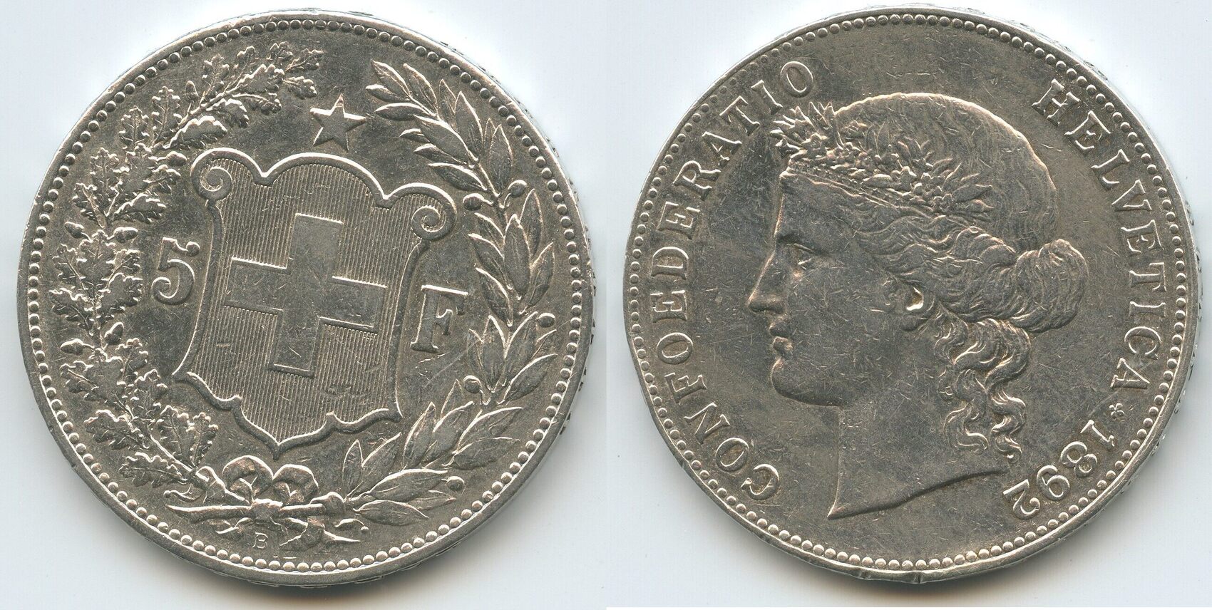 Schweiz Eidgenossenschaft 5 Franken Silber Kopf der Helvetia 1892 B Bern GS977 - RAR Helvetia ...