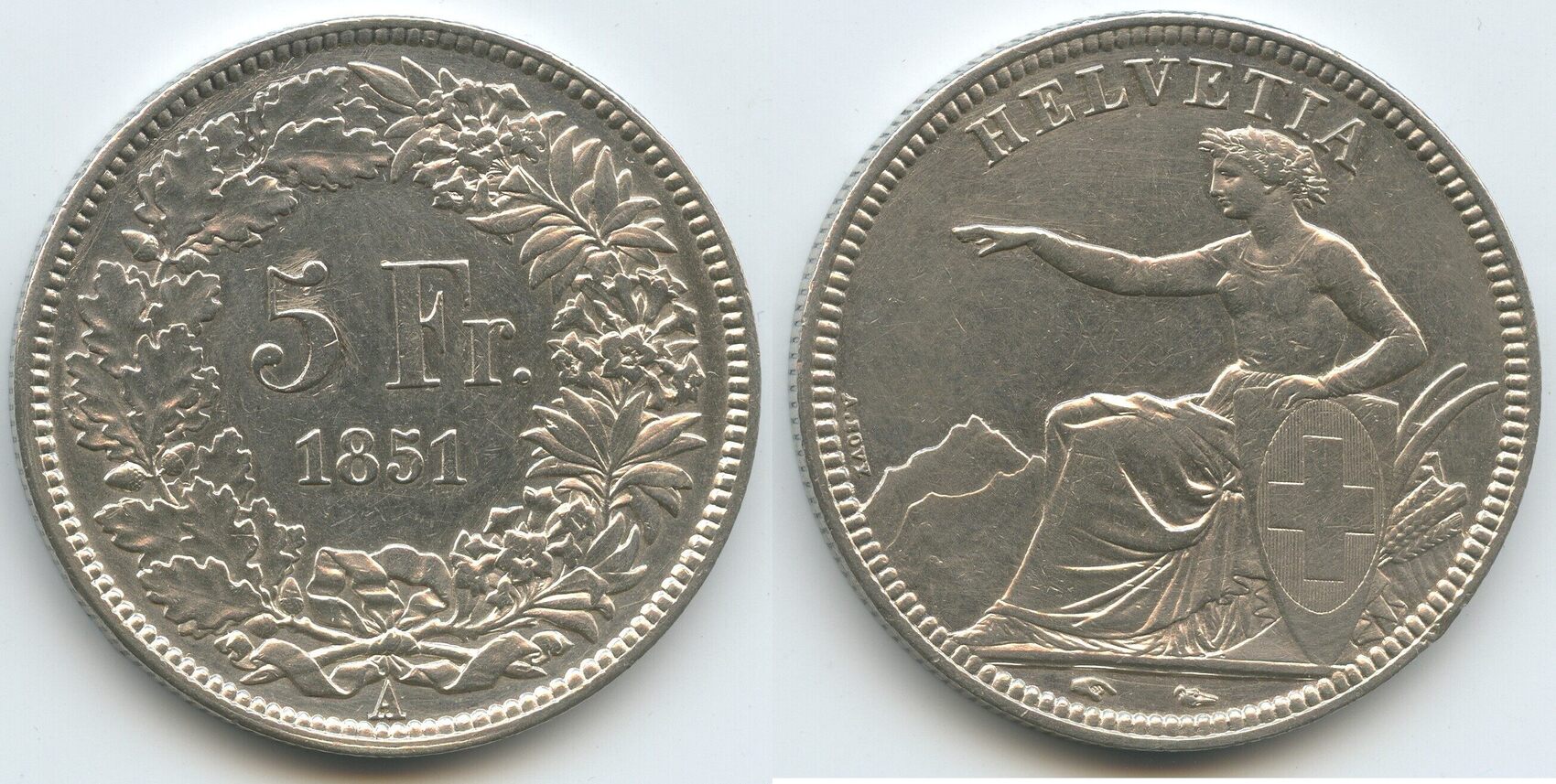 Schweiz Eidgenossenschaft 5 Franken Silber 1851 A GS907 - RAR Sitzende Helvetia Confédération ...