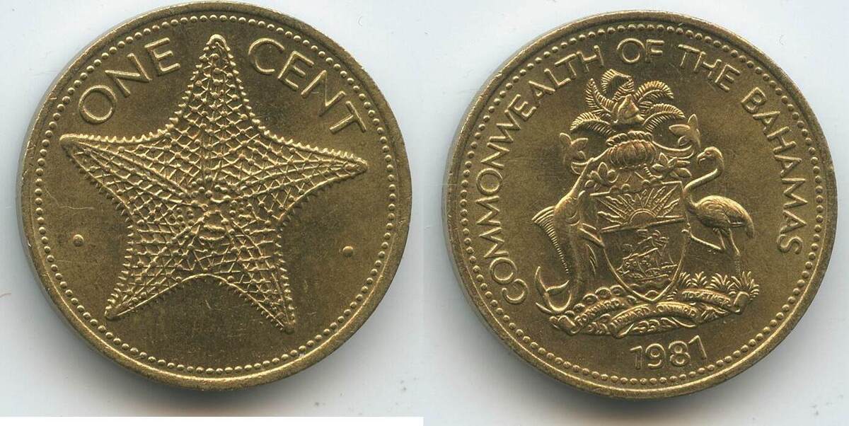 Bahamas One Cent (1 Cent) kleiner Typ 1981 G2594 - Starfish Seestern ...