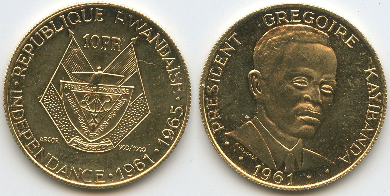 Ruanda 10 Francs Gold 1965 M#5497 - President Gregoire Kayibanda ...