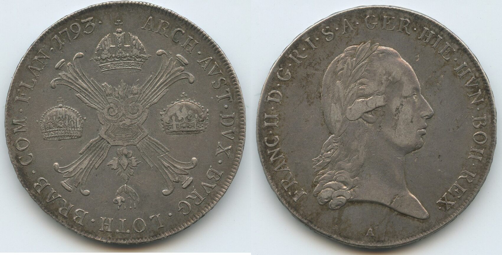 RDR Österreichische Niederlande Habsburg 1 Kronentaler (Crocione) Silber 1793 A Wien M#5016 ...