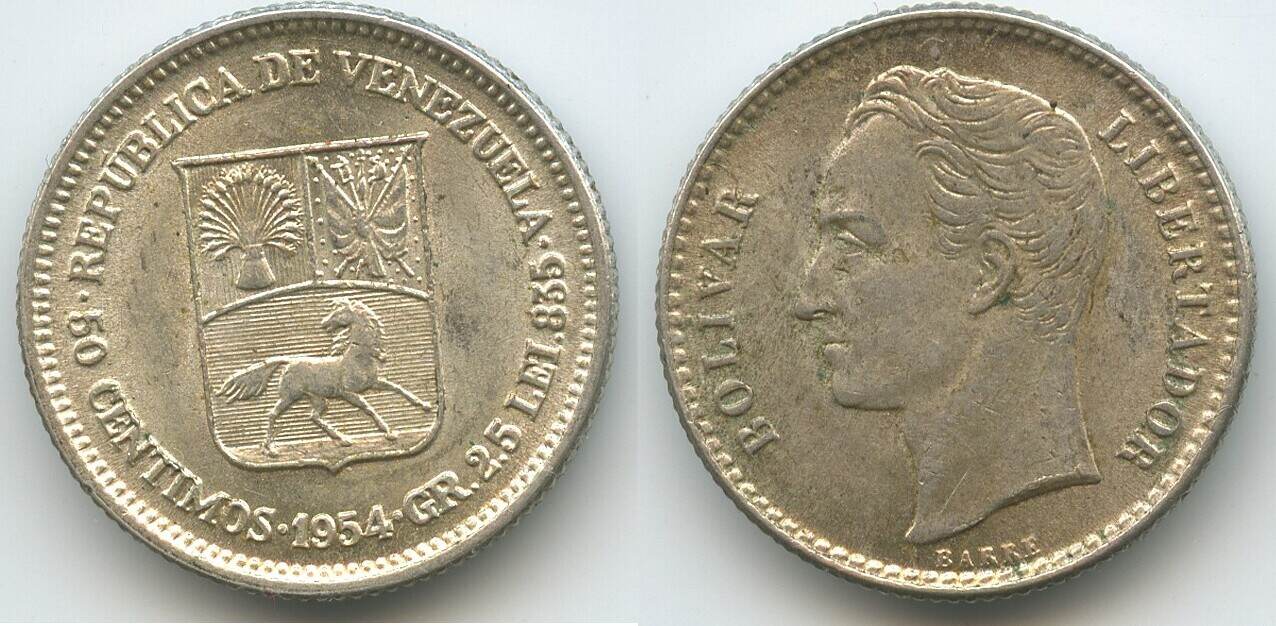 Venezuela 50 Céntimos (½ Bolivar) Silber 1954 M#6153 - Simon Bolivar ...