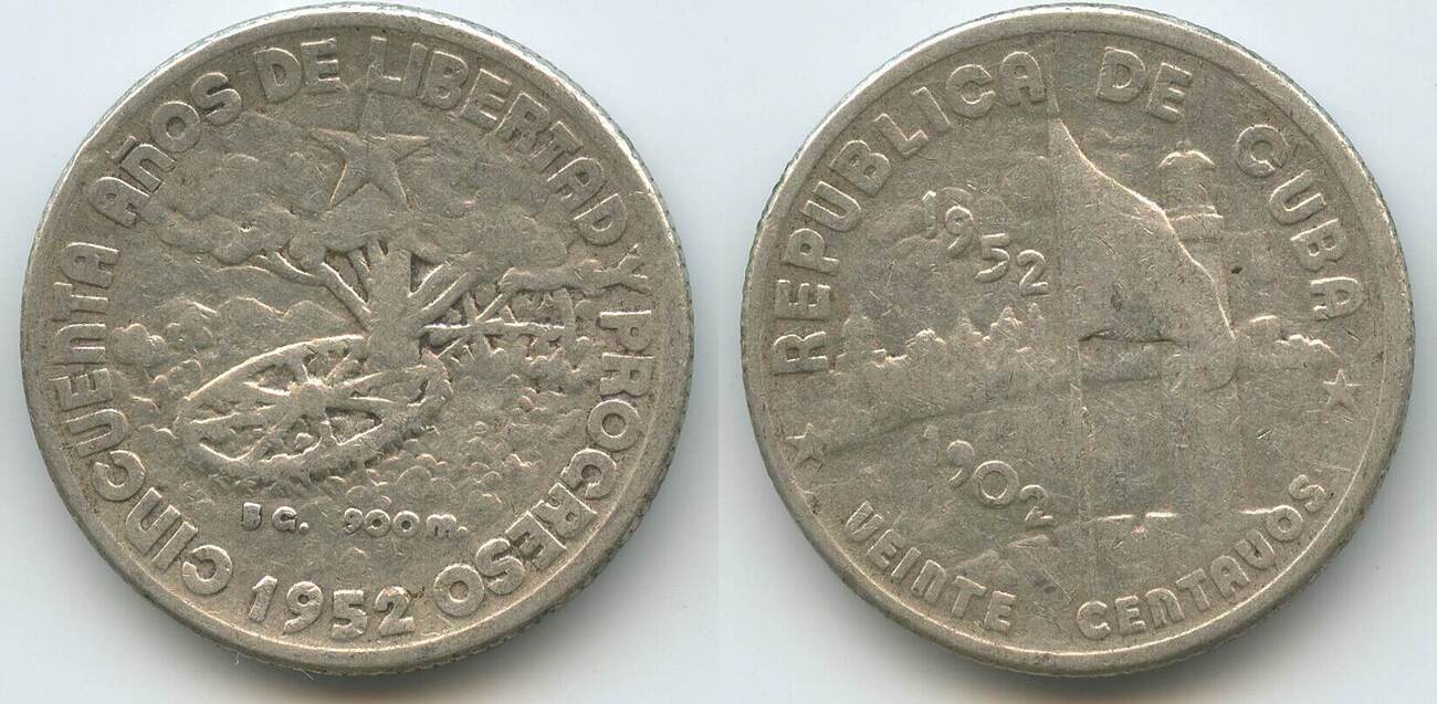 Kuba First Republic 20 Centavos Silber (Veinte Centavos) 1952 M#3334 ...
