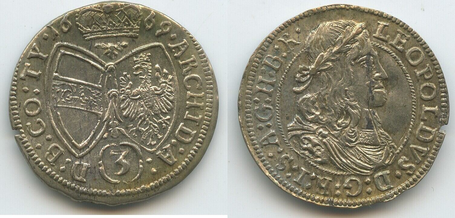 RDR Österreich Hall in Tirol 3 Kreuzer Silber 1669 H8341 - Leopold I. 1658-1705 Vorzüglich | MA ...
