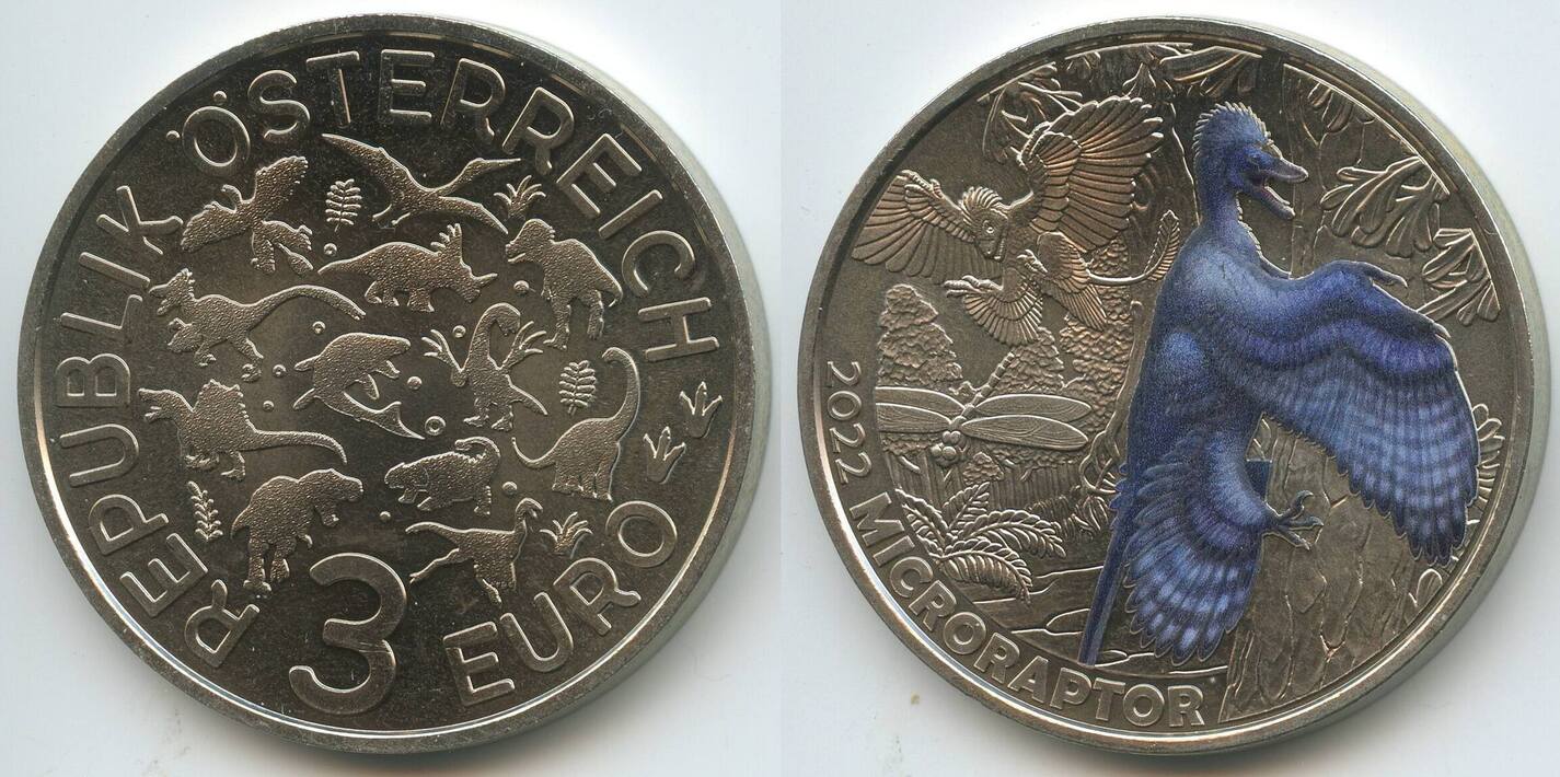 Österreich 3 Euro Dinosaurier, leuchtet im Dunkeln 2022 G8601 ...