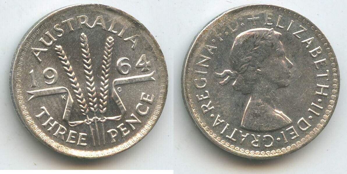 Australien Three Pence (3 Pence) Silber 1964 H1444 - Queen Elisabeth II ...