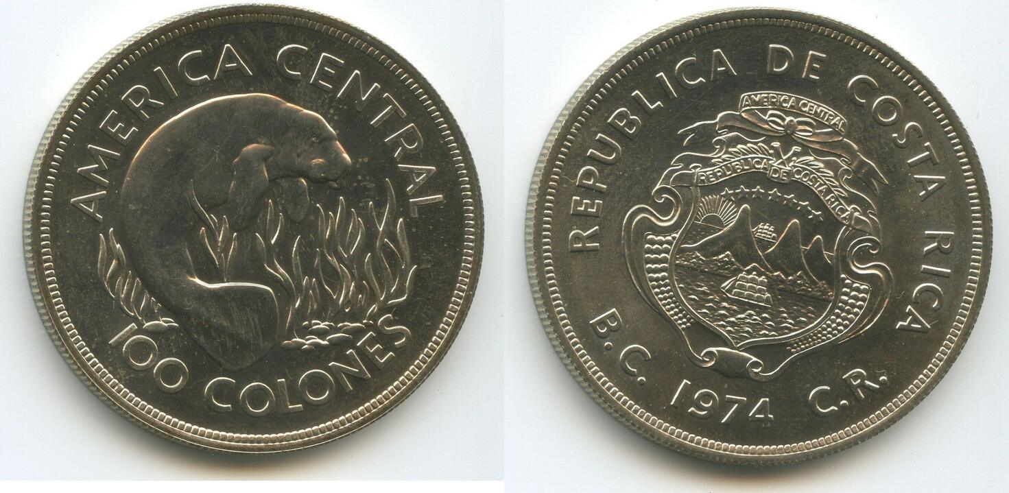 Costa Rica 100 Colones Silber 1974 B.C.C.R. GS1230 - Manatee WWF Conservation - America Central ...