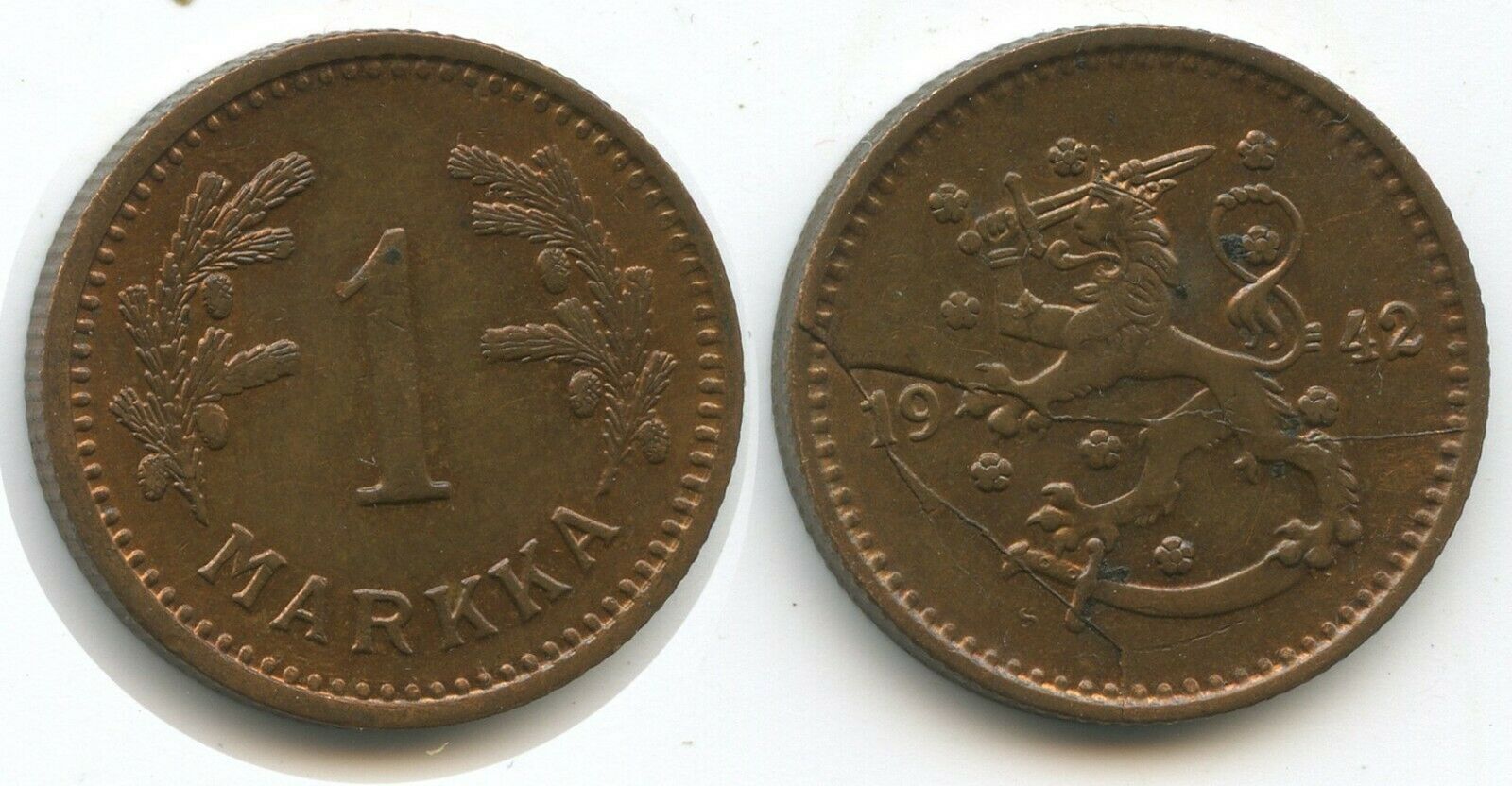 Finnland 1 Markka Fehlprägung 1942 S G9735 - Verprägung - starker ...