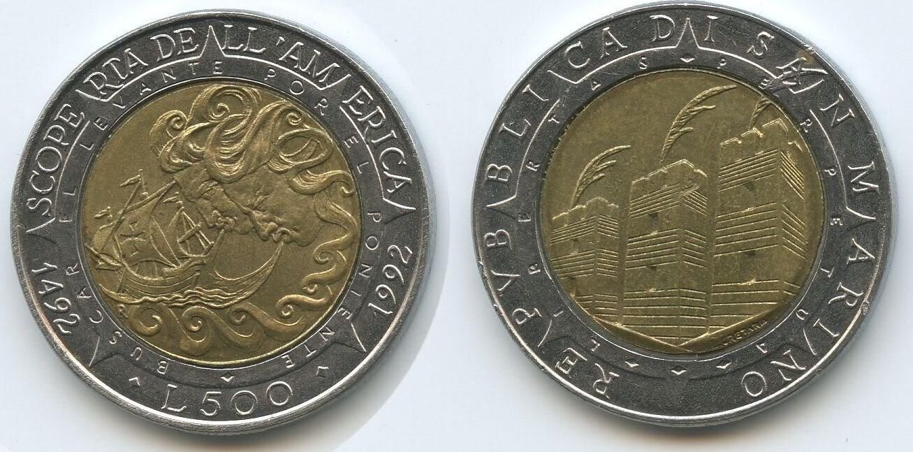 San Marino 500 Lire 1992 R Rom G1576 - Columbus 500th Anniversary of Discovery of America Fast ...