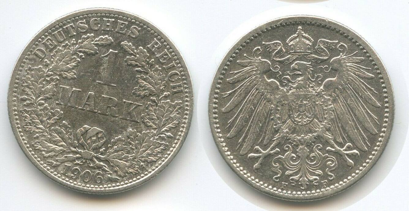 Deutsches Reich Kaiserreich 1 Mark Silber 1906 F Stuttgart G10171 - Wilhelm II. Germany Empire ...