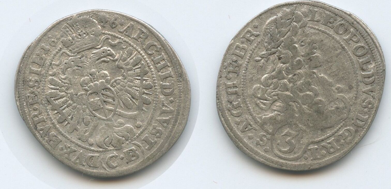 RDR Schlesien Brieg Böhmen 3 Kreuzer (Groschen) Silber 1696 CB G5277 - Leopold I. 1658-1705 ...